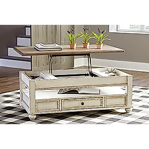 Signature Design by Ashley Realyn Vintage Farmhouse Rectangular Lift Top Coffee Table with Storage Drawer, White & Brown