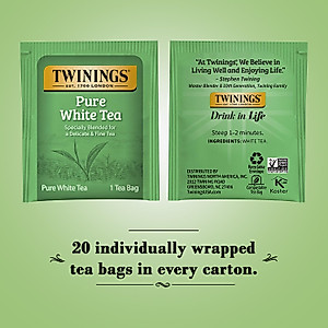 Twinings Pure White Tea Bags - Delicate Caffeinated Tea Made from Fresh White Tea Leaves, Perfect for Hot or Iced Tea, 20 Count (Pack of 2)