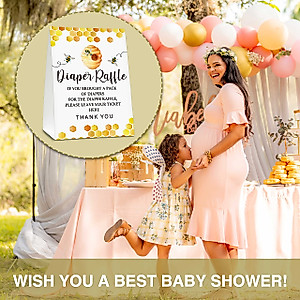 ONDTOM Bee Baby Shower Party Game Diaper Raffle Standing Sign With 50 Cards, Mommy To Bee Themed Card Honeycomb Bumble Bee Baby Shower Decor, Baby Gender Reveal Party Game(5"x7") - diaper-C01