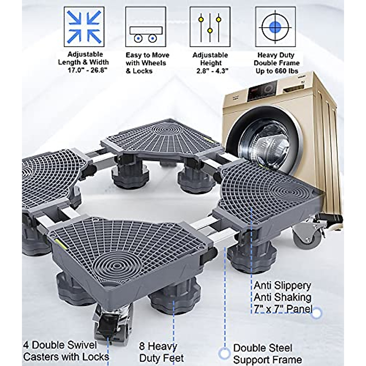 Mini Fridge Stand Mobile Base With 4 Locking Refrigerator Wheels And 8 Strong Feet For Washer Dryer Washing Machine Stand Pedestal, Refrigerator Stand, Adjustable Appliance Dolly Square, Moving Roller
