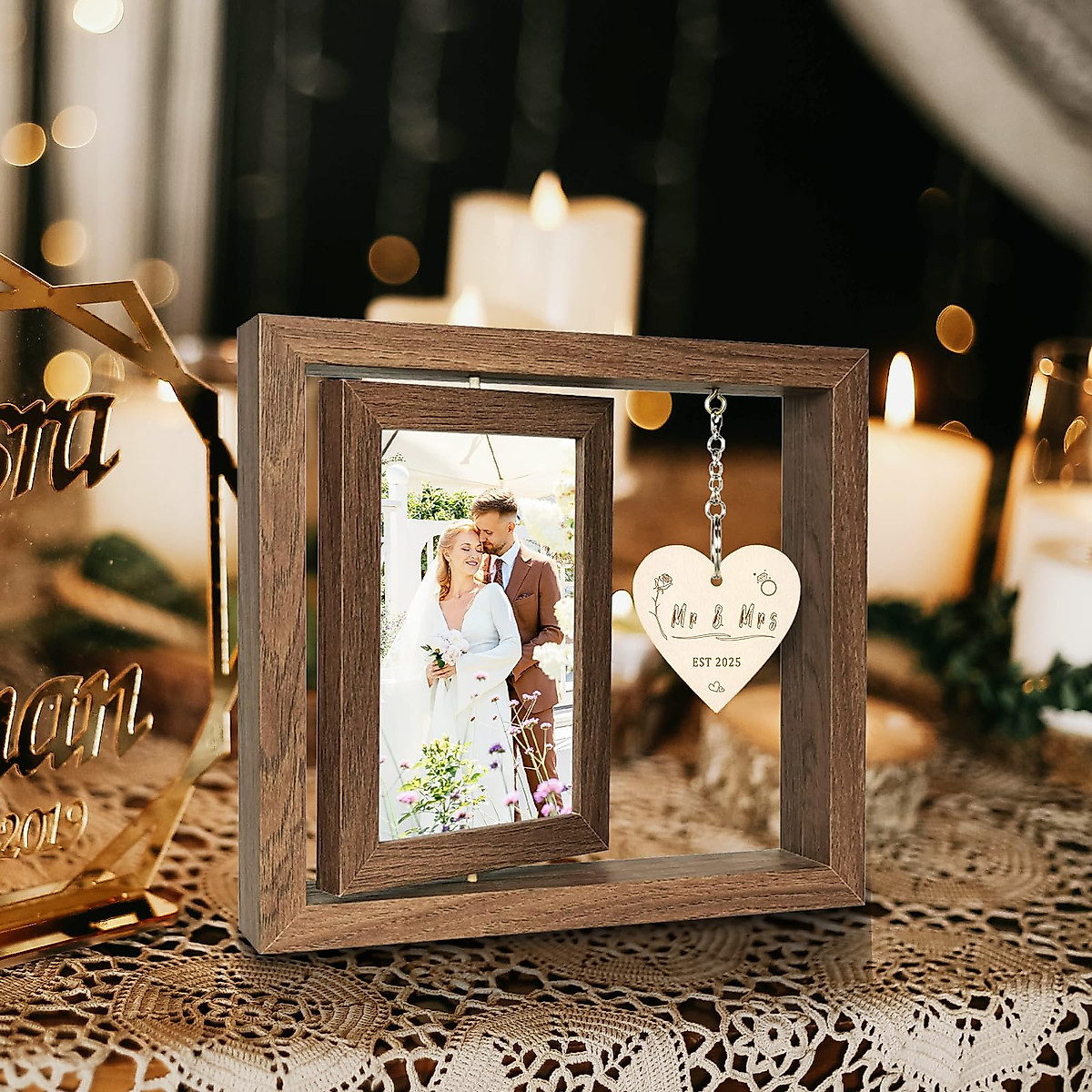 EYITUPC Rotating Floating Mr and Mrs EST 2025 Picture Frame, Wedding Gifts Bridal Shower Gifts Engagement Gifts for Newlywed Couples