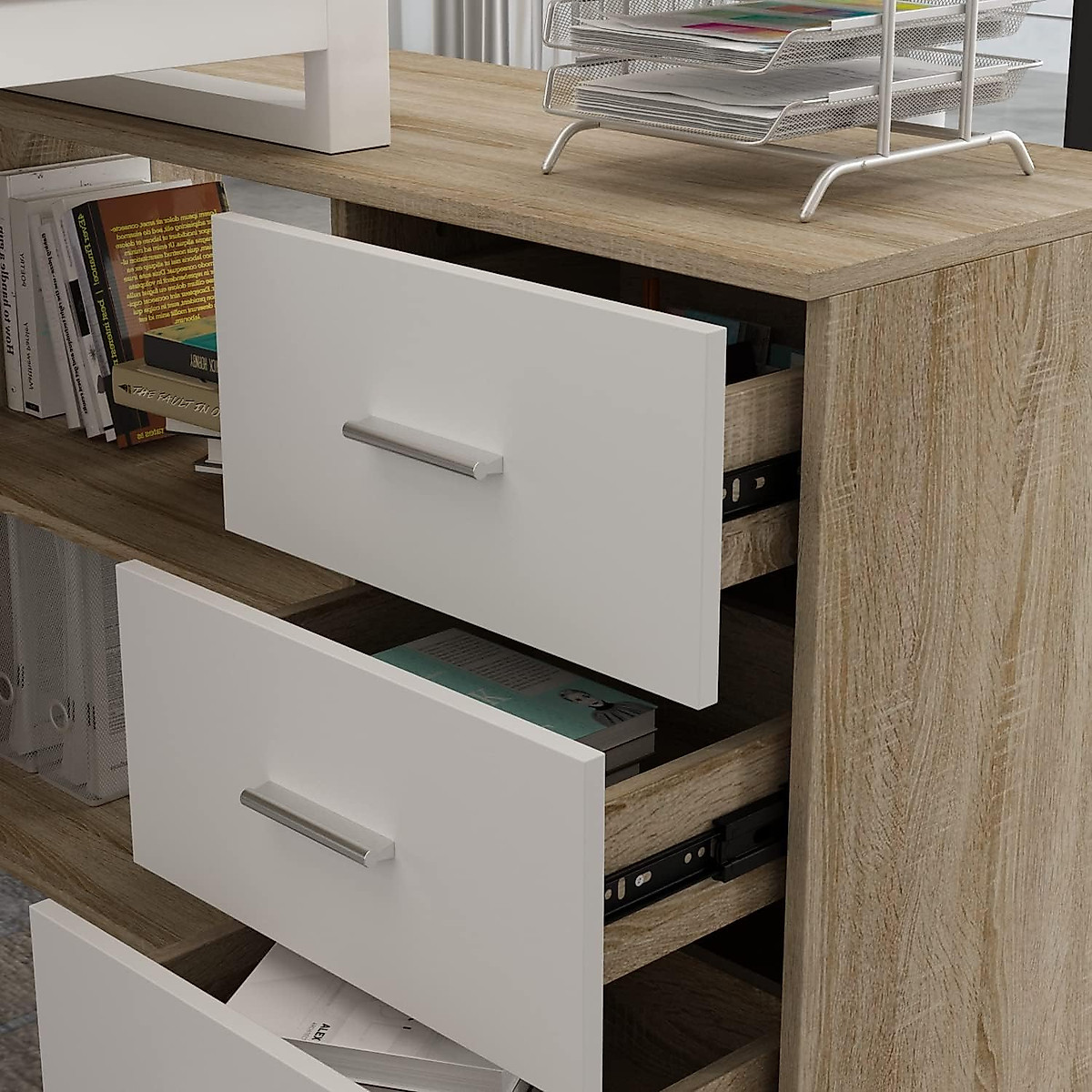 Computer Desk for Home and Office Corner Desk with 3 Drawers and 2 Shelves, 55 Inch Large L-Shaped Computer Disk and Writing Table - Walnut