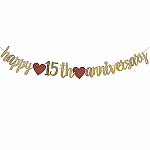Happy 15TH Anniversary Banner Sign Gold Paper Glitter Party Decorations for 15TH Wedding Anniversary Party Supplies Letters Gold QWLQIAO