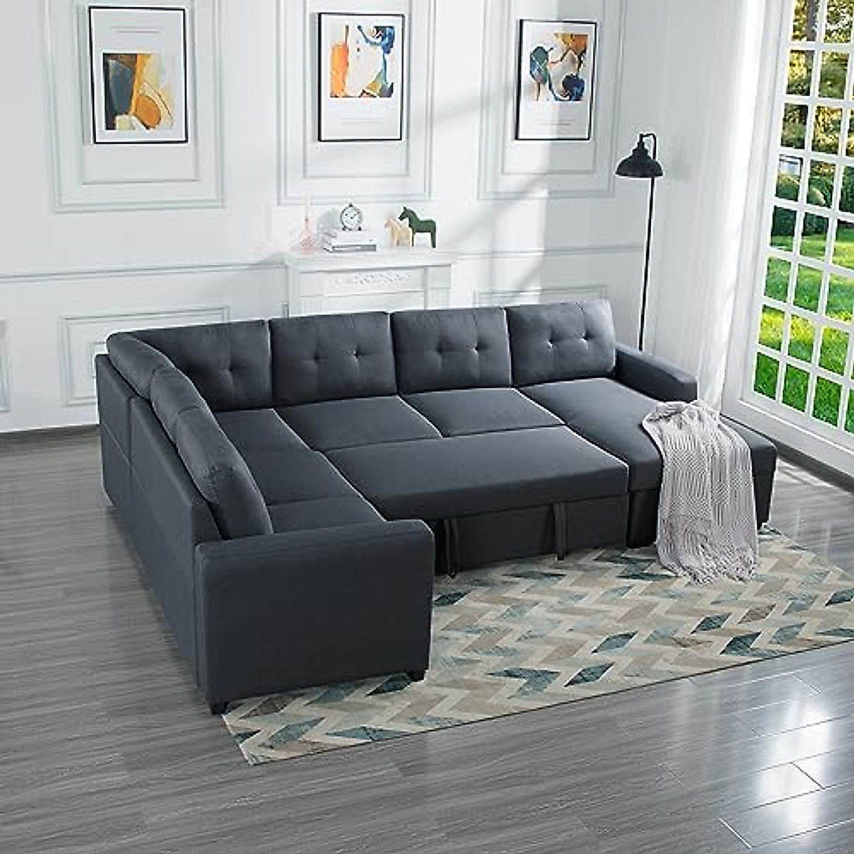 Eafurn 114.2”U Shaped Sectional Sofa with Pull Out Full Bed and Storage Chaise Lounge,6 Seater Oversized Couch with Removable Cushion Back,Tufted Sofa & Couches for Living Room Furniture Set