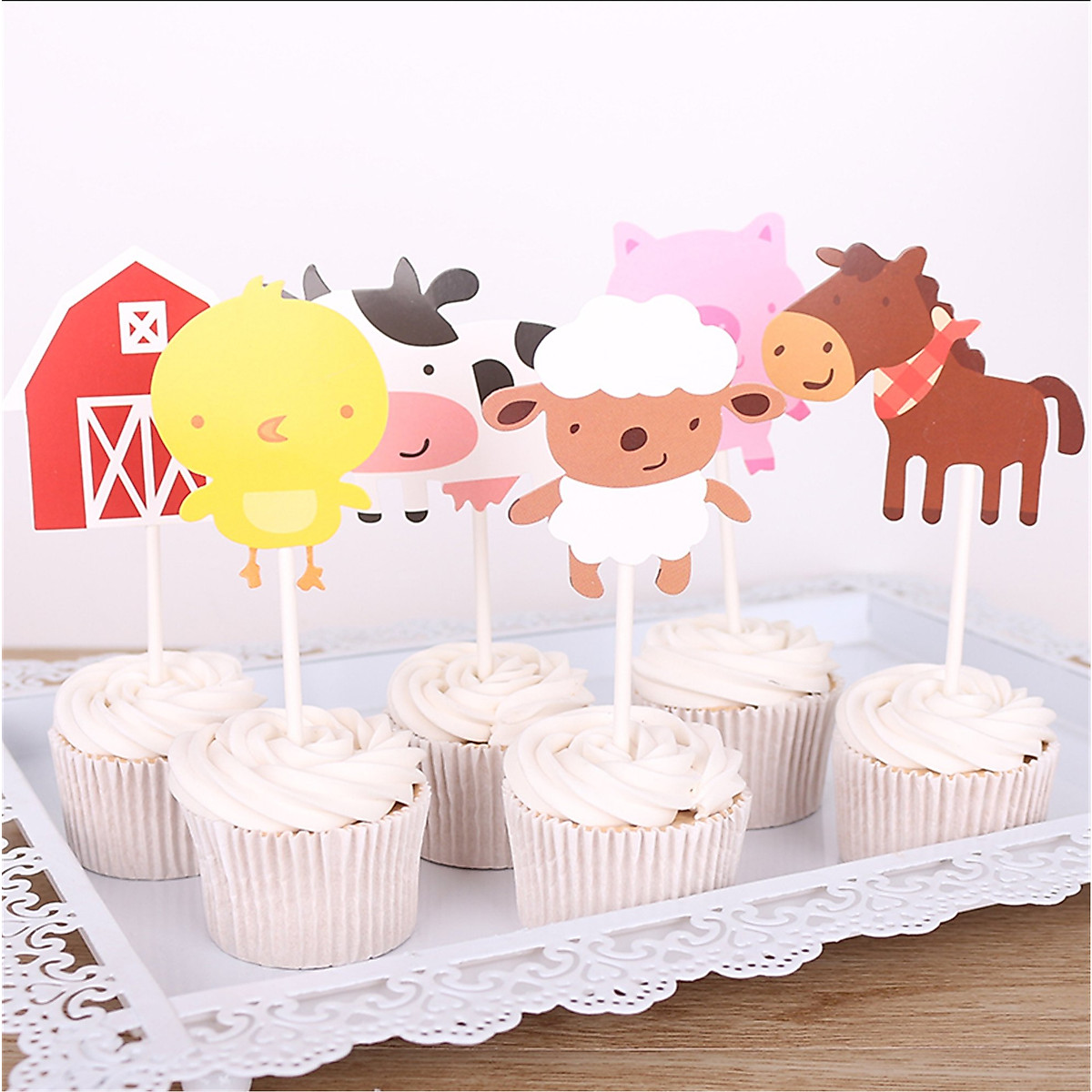 Wolpark Glitter Farm Animal Cake Toppers Farm Animal Cupcake Toppers 25 PCS Farm Birthday Party Supplies Decorations for Baby Shower Kids Birthday Cartoon Cupcake Topper Picks