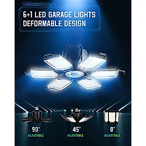 LIGHTNUM 4 Pack LED Garage Light, 45W LED Lights for Garage, 16000LM 6500K E26/E27 Deformable Garage Lights Ceiling LED with 6 Adjustable Panels Compatible for Workshop Storage Room Basement