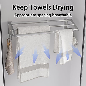 13.5-24 Inch Adjustable Towel Rack with Adhesive Wall Screws for Bathroom, Wall Mount Towel Bar Holder, Bath Towel Shelf Hanger with Movable Hooks, 3-Tiers Ladder Towel Rails, SUS 304 Stainless Steel