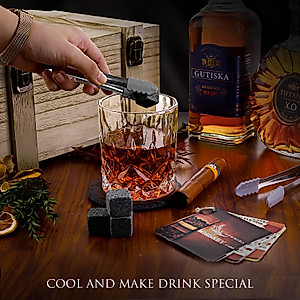 Whisky Stones and Glasses Set Gift for Men, Pack of 2 Whiskey Glasses 10 oz, 8 Granite Chilling Rocks, 2 Slate Coasters, Cocktail Cards in Wooden Crate Special present for Husband Father Boyfriend Him