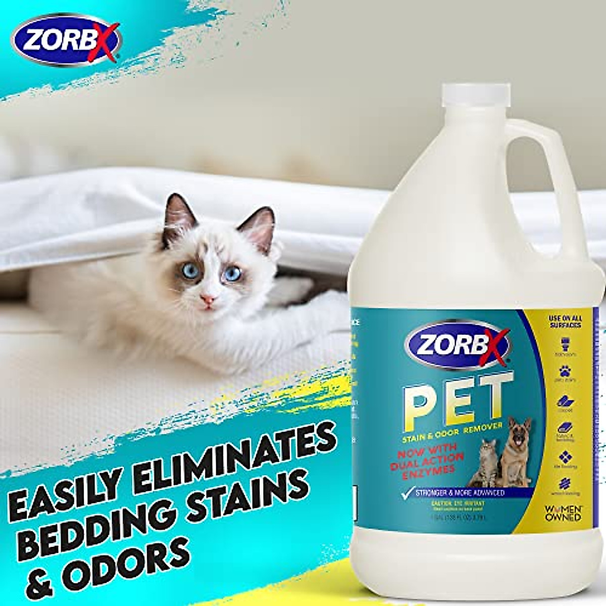 ZORBX Pet Stain and Odor Eliminator for Strong Odor - Dual Action Natural Enzymes Pet Odor Neutralizer & Stain Remover for Dog & Cat Urine | Carpet Cleaner Spray - 128 FL Oz (1 Gallon)