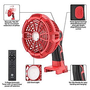 Hipoke Cordless Portable Fan Powered by Milwaukee M18 18V Lithium-ion Battery, Handheld Fan with 9W LED Light, USB Port, Rechargeable fan for Camping Tent Office Travel, Milwaukee Tools Summer Gift