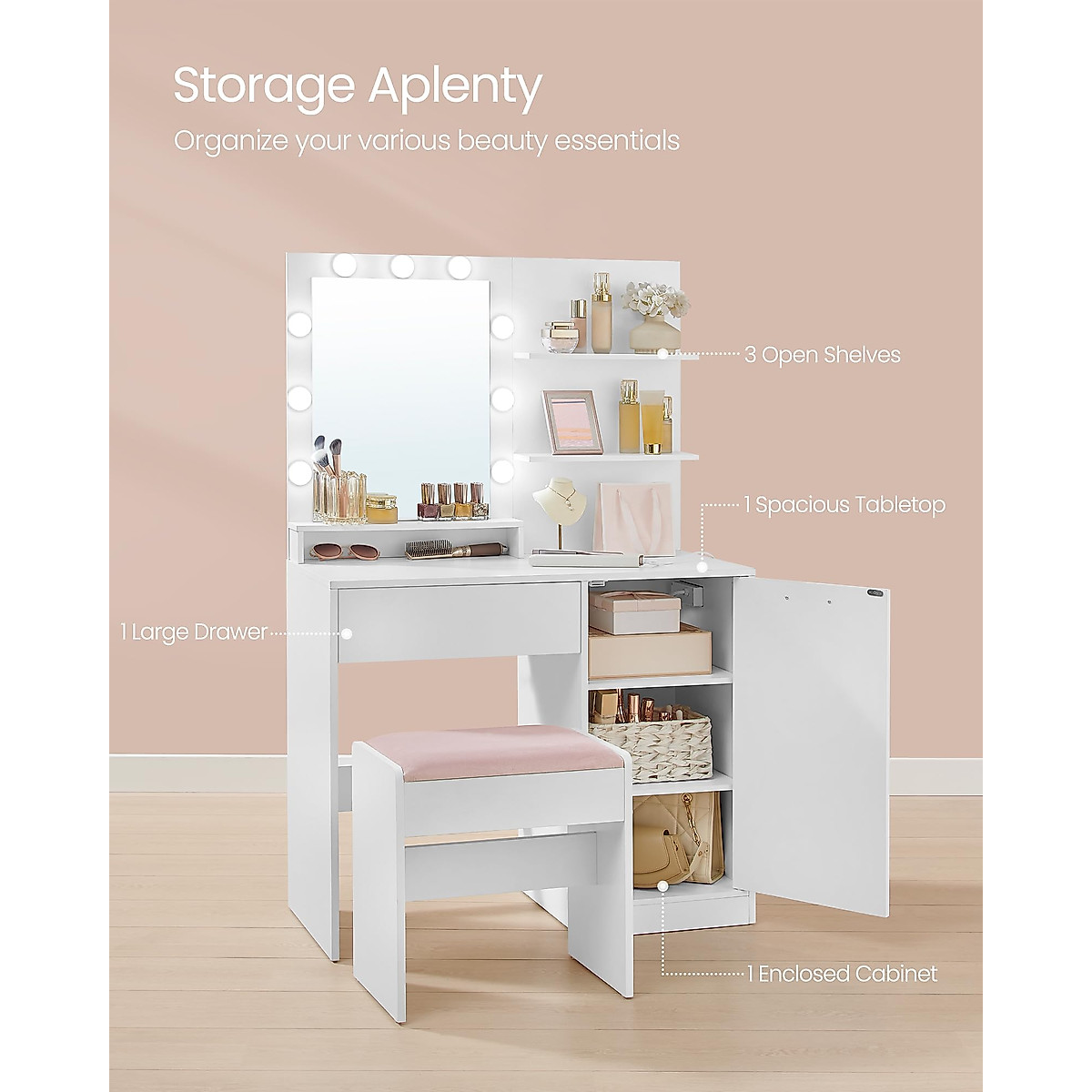 VASAGLE Vanity Desk with Mirror and Lights, 35.4-Inch Wide Makeup Vanity with Upholstered Vanity Stool, Power Outlets, Dimmable LED Lights, Storage Drawer, for Bedroom, Cloud White URDT128W01