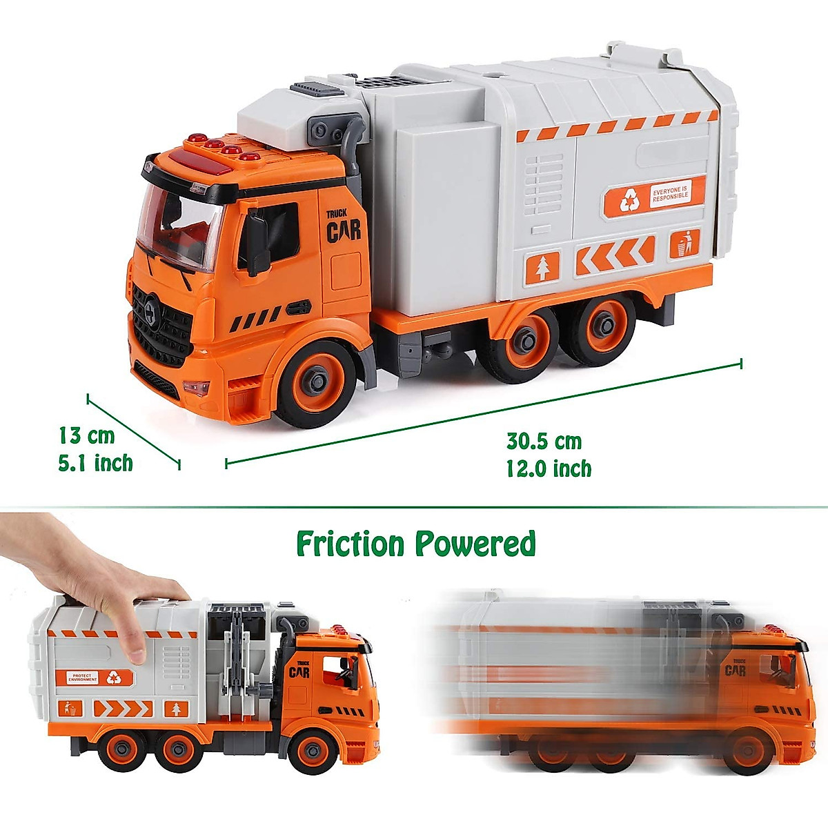 Flanney Garbage Truck Toys, DIY Realistic Recycling Trash Truck Toy with Light and Sound, 4 Trash Cans, Gifts for 3 4 5 6 7 8 Year Old Boys Girls Toddlers