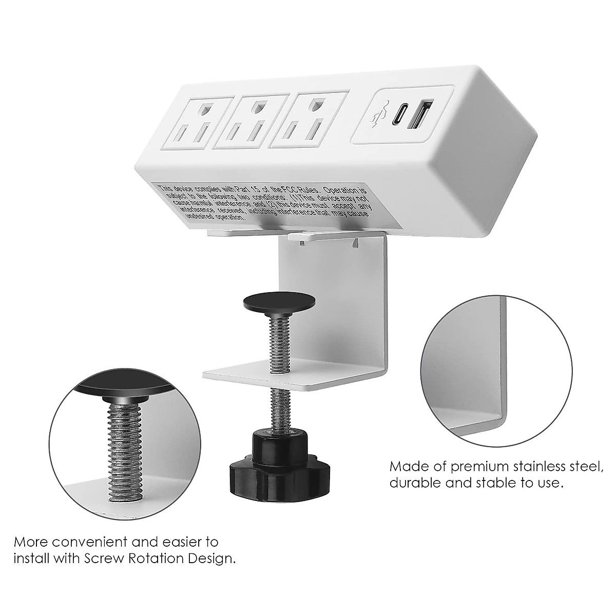 White Desktop Clamp Power Strip with USB, Surge Protector Power Charging Station Outlet with 3 Plugs 1 USB A 1 USB C PD Fast Charging Outlets, Desk Mount Multi-Outlets for Home Office Garage Workshop
