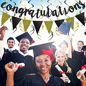 Glitter Congratulations Banner Triangle Flag Banner with 12 Pieces Hanging Swirls for Wedding Retirement Graduation Anniversary Party Decorations (Black, Gold)