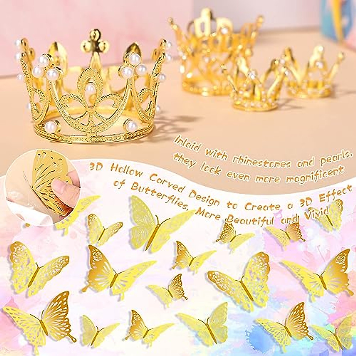 cridoz 163Pcs Flower Bouquet Accessories, 15Pcs Mini Crowns with 48Pcs Gold 3D Butterfly Decorations and 100Pcs Corsage Boutonniere Pins for Flower Arrangements, Small Crowns for Cake Topper
