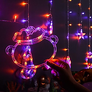 LOLStar Halloween String Lights, Halloween Window Decorations Orange Purple Spellbook, Witch Hat and Cauldron 183 LEDs Indoor Hanging Curtain Lights, Remote 8 Flashing Modes Timer Function