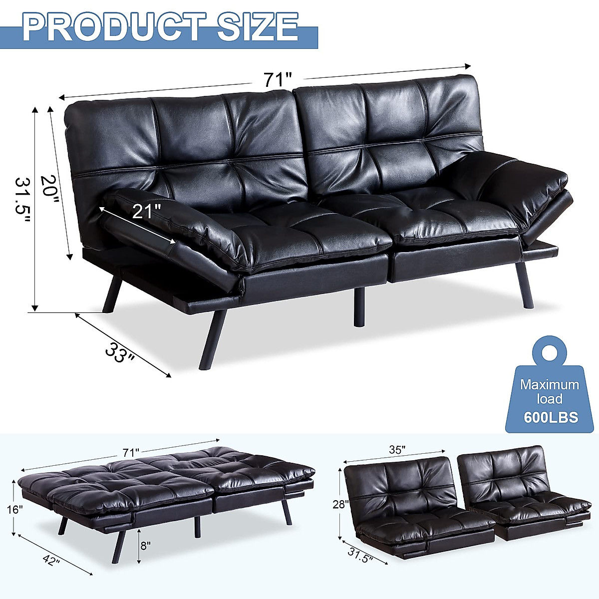 MUUEGM Bed Memory Foam Couch Convertible Sofa Sleeper Modern Faux Leather Futon for Living Room Compact Spaces Office,Adjustable Backrest Armrest Sofabed, Black