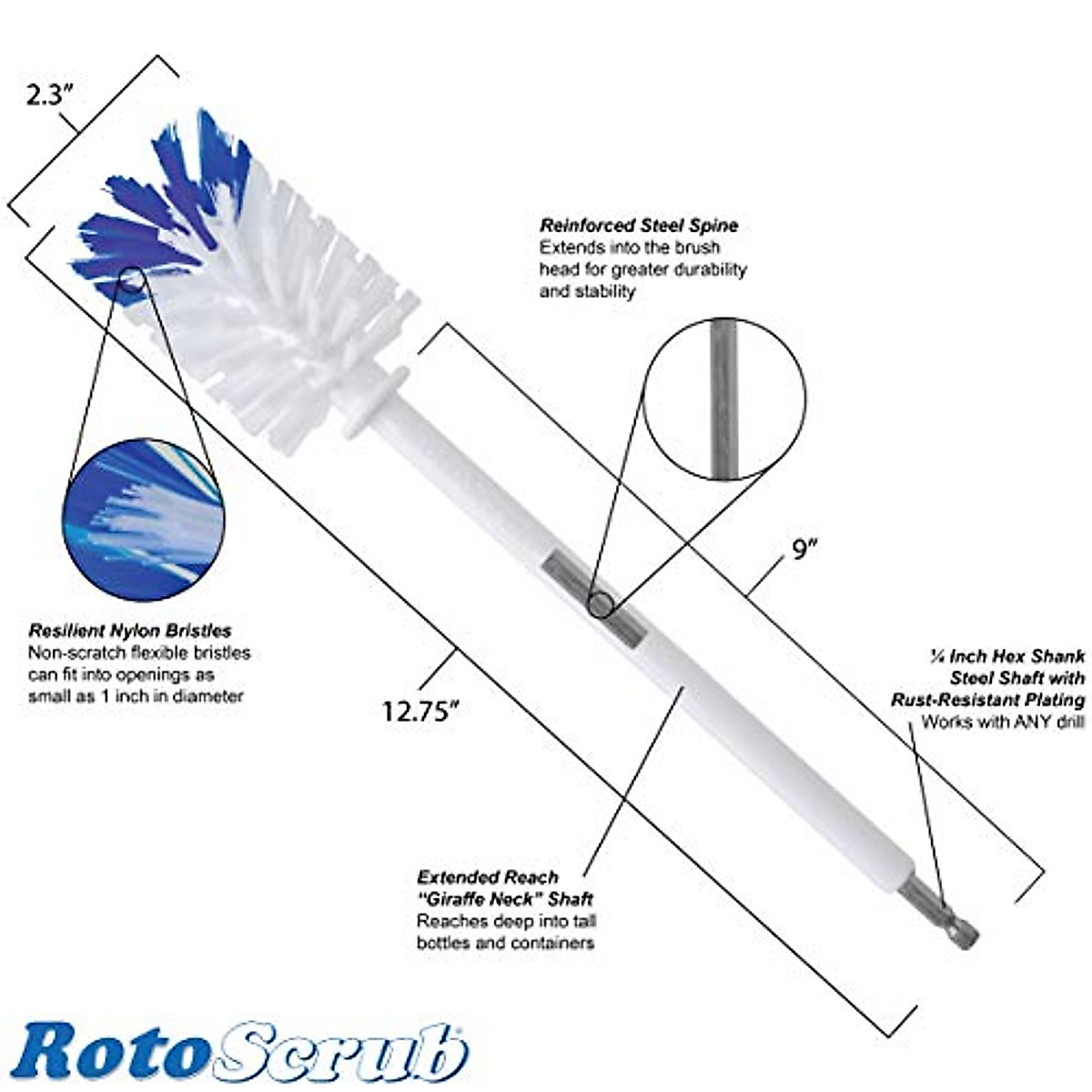 RotoScrub Bottle Brush - Drill Accessory - Clean Water Bottles, Coffee Mugs, Cups, Pots, Glasses, Jars, Blenders & Pitchers