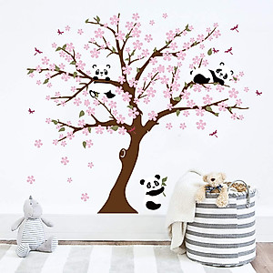 Runtoo Panda Wall Decal Cherry Blossom Wall Art Stickers for Living Room Bedroom Baby Nursery Kids Wall Décor