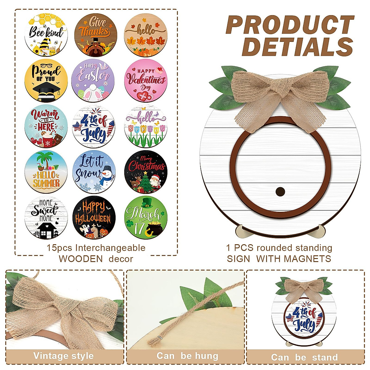 Geetery 17 Pieces Interchangeable Season Sign DIY Holiday Icons Decor with Wooden Easel Round Home Decorative with 15 Seasonal Icons Holiday Sign Set for Tabletop Fireplace Porch Decorations