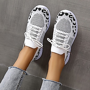 Women's Lace-Up Sneakers Spring Summer Knitted Mesh Breathable Sports Shoes Leopard Print Walking Shoes Lightweight Non-Slip Running Shoes Casual Sneakers Comfortable Road Running Shoes ( Color : Blac
