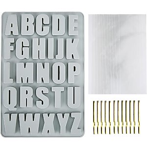 Wocuz 26 Large Letters Silicone Mold Alphabet Crayon Mold Chocolate Mold Biscuit Ice Cube Tray with 12 Sets of Present Packages for DIY Name Letter Gifts for Students Graduation Easter Party