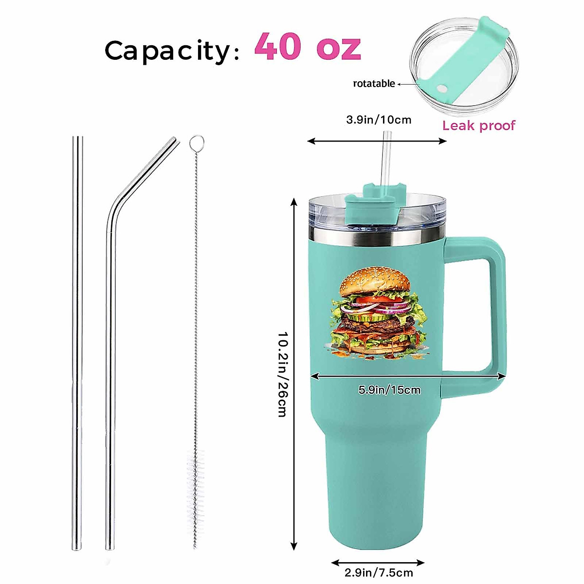 40 Oz Insulated Tumbler with Handle and Straw,Classical Beef Burgers Stainless Steel Vacuum Insulated Travel Mug,Leak-proof Water Bottle Iced Coffee Cup,Western Cuisine Vegetable