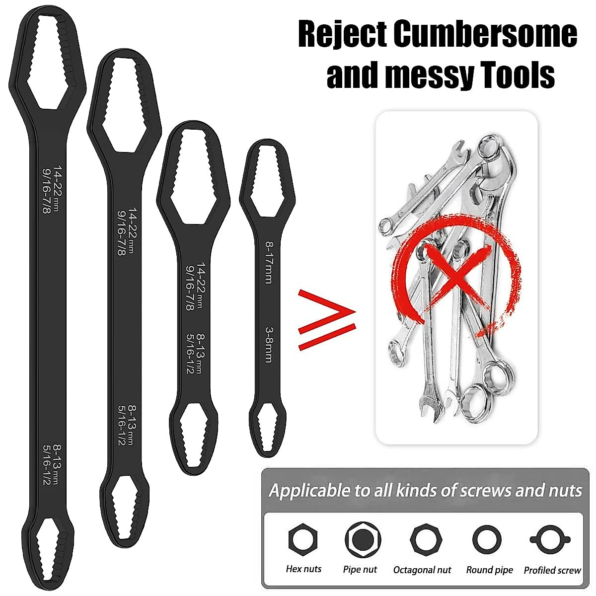 FUYGRCJ 4pcs Self-Tightening Multifunctional Wrench Set, 8-22mm, Chrome Vanadium Steel