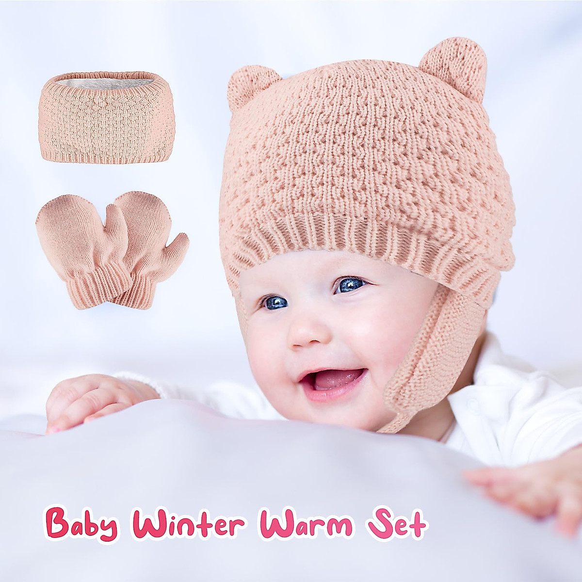 Breathffy Baby Winter Hats Warm Knitted Baby Scarf Glove Beanie Set Soft and Warm Toddler Hat and Glove Set for Girls Newborn Infant Winter Warm Accessories (Pink)