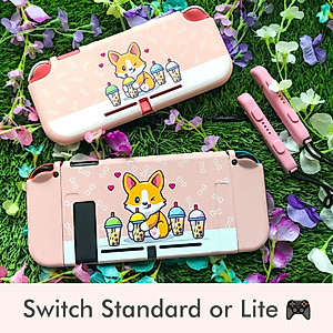 BelugaDesign Corgi Boba Switch Bundle | Cute Kawaii Dog Bubble Tea Pastel Pet Case | Cover Shell with Thumb Grips Compatible with Nintendo Switch (Switch Standard, Pink)