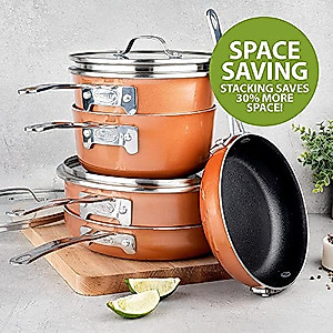 Gotham Steel Stackable Pots and Pans Stackmaster 10 Piece Cookware Set with Ultra Nonstick Cast Texture Ceramic Coating, Copper