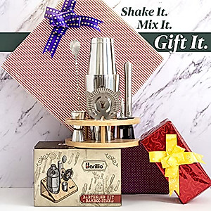 Elite Mixology Bartender Kit Cocktail Shaker Set by Barillio: Drink Mixer Set with Bar Tools, Bamboo Stand Boston Shaker Mojito Muddler Mixing Spoon Jigger Recipes Booklet