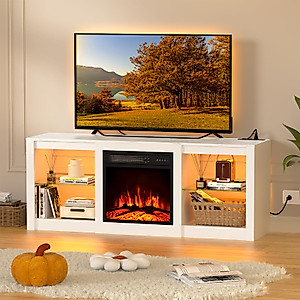 BREEZEHEAT 58inch Electric Fireplace TV Stand for 65'' TV-Entertainment Center with 18'' Fireplace and Led Light-TV Console with Glass Shelves, Power Outlets, Remote Control (White Marble)