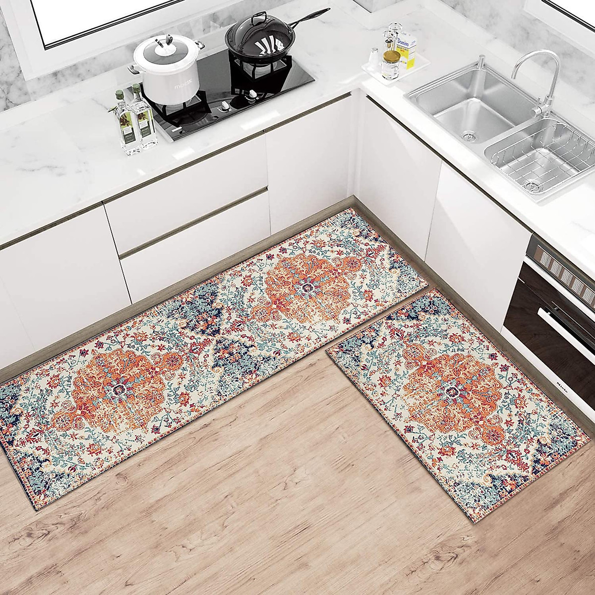 Ideasonna Boho Kitchen Rug Mat Country Rustic Farmhouse Kitchen Rugs Sets of 2 Washable Non-Slip Kitchen Floor Mats for in Front of Sink Boho Kitchen Decor