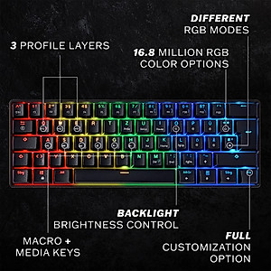 Mizar MZ60 Luna Mechanical Gaming Keyboard | 60% Keyboard 62 Key ANSI US Layout | RGB LED Backlit | Anti Ghosting NKRO | Progammable Macro Keys | Hotswap Gateron Optical Brown Switches | Black