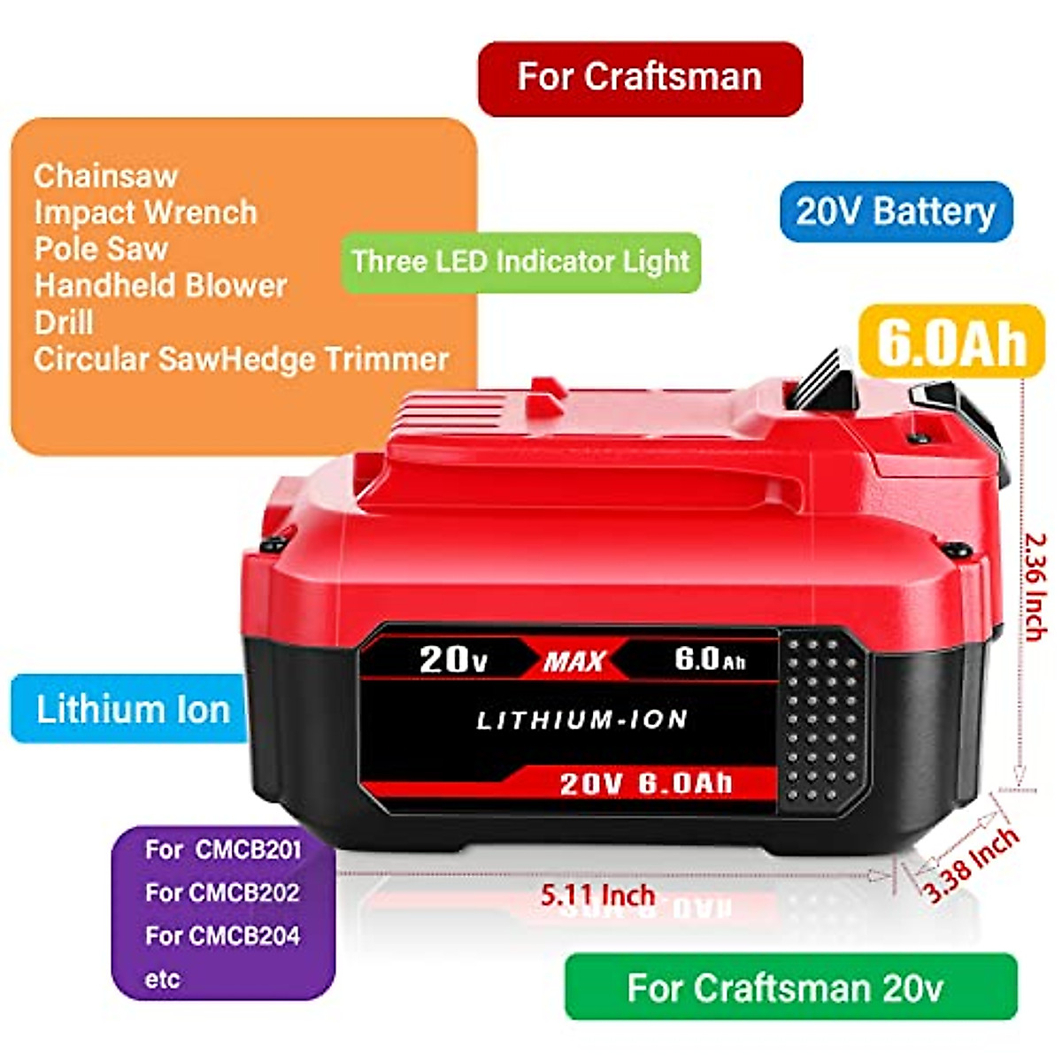 Jialipok 20V 6.0Ah CMCB205 Replacement Battery for Craftsman 20V Max Lithium Ion Battery CMCB204 CMCB204-2 CMCB202-2 CMCB201 CMCB206 CMCS500B CMCD700C Fast Charger CMCB104 Craftsman V20 Battery
