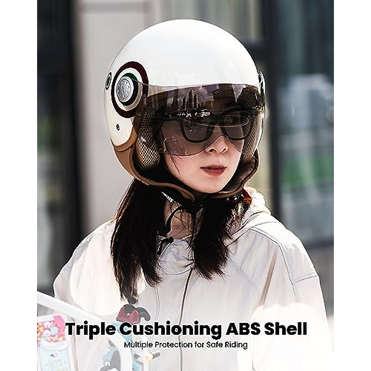 ILM 3/4 Open Face Motorcycle Helmets for Women Men Retro Moped Scooter Cruiser Casco Vintage Half Helmet DOT ECE Model B-100E (Cream White,L)