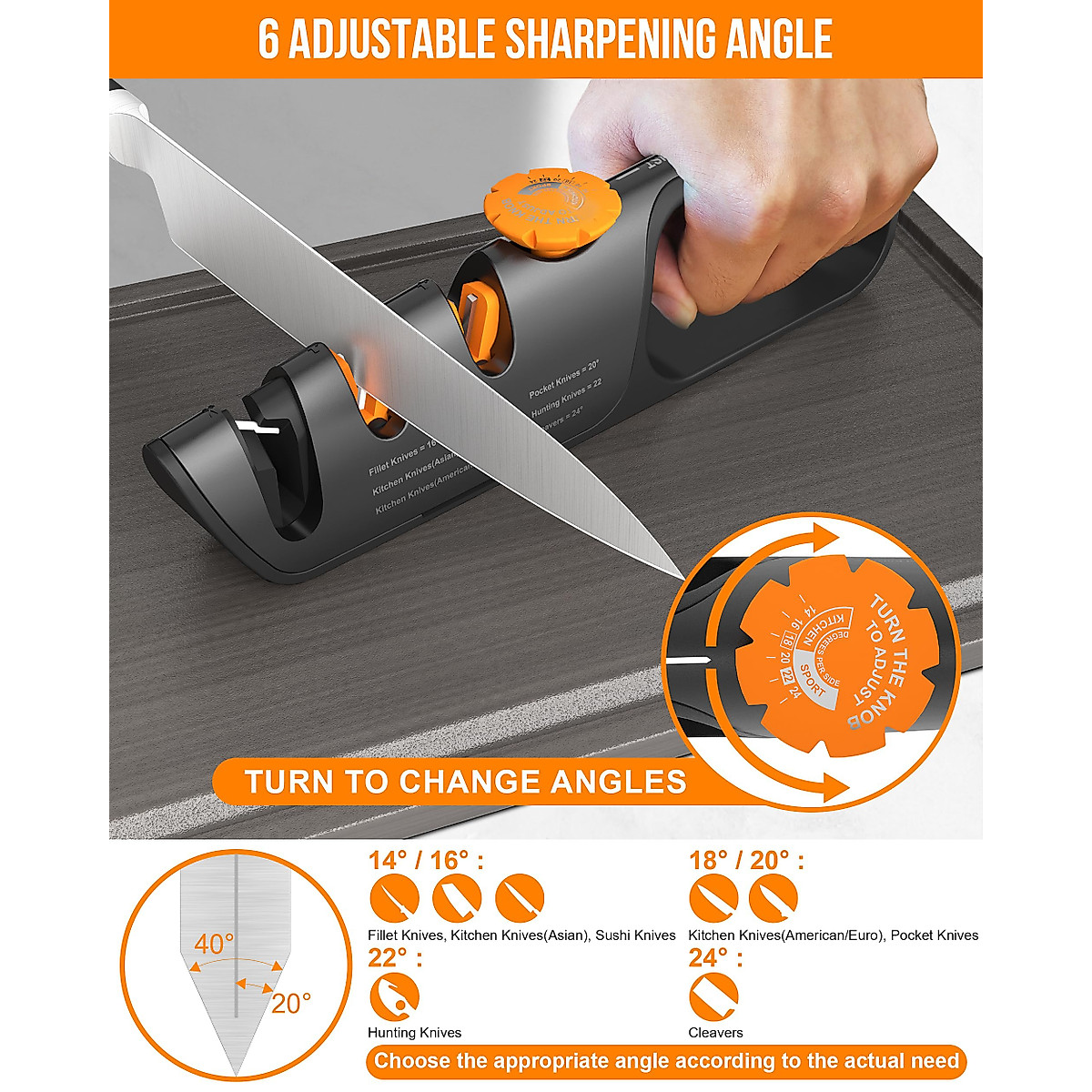 Kitchen Knife Sharpener Tool 6 Adjustable Sharpening Angle 14/16/18/20/22/24° Premium Manual & Handheld Knife Sharpener for Kitchen Knives Pocket Knife Sharpener