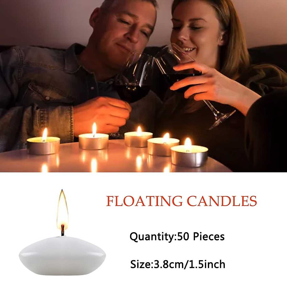 50 Pieces 1.5 Inch Valentine's Day Floating Candles, Unscented Floating Candles for Centerpieces Dripless Wax Discs for Wedding, Valentine's Party, Pool Party, Spa & Bathtub(White)