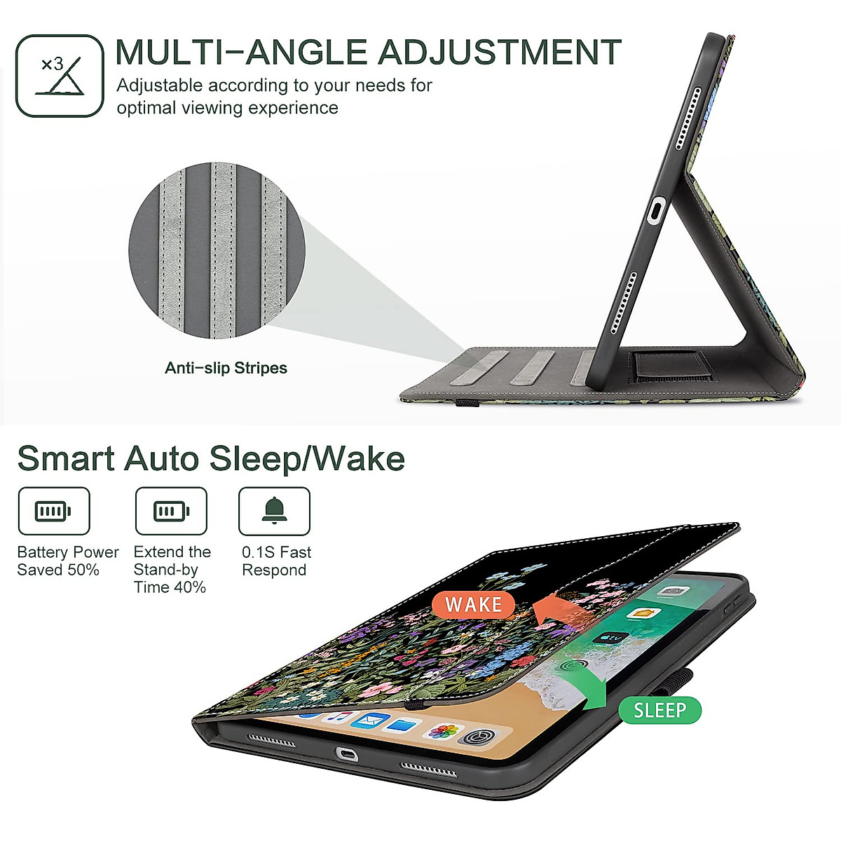 for iPad 10Th Generation Case, for iPad Case 10Th Generation 2022, for iPad 10Th Gen Case 10.9 Inch Pencil Holder/Hand Strap/Pocket, Adjustable Stand, Auto Wake/Sleep, Black Flower Floral