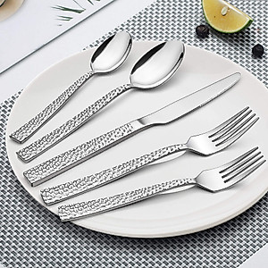 LIANYU 60-Piece Silverware Set for 12, Stainless Steel Flatware Set, Hammered Square Cutlery Eating Utensils Set for Home Party Wedding, Dishwasher Safe, Mirror Finished