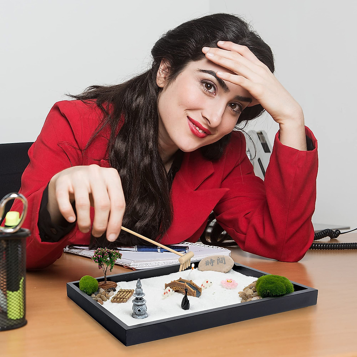 Ostranenie The Life Zen Garden Time, 11.8x8 inch Mini Zen Garden for Desk with Large Tray, 6-Rake Tool Set, and More Accessories for Relaxing Fidgeting, Enchanting Japanese Room Decor