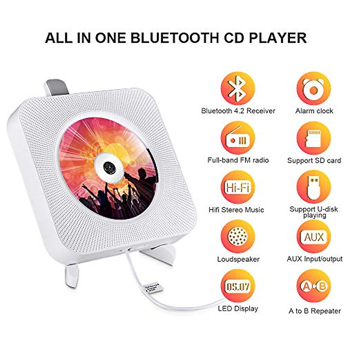 Portable CD Player with Bluetooth, Qoosea Wall Mountable CD Players Music Player Home Audio Boombox with Remote Control FM Radio Built-in HiFi Speakers LCD Display MP3 Headphone Jack AUX Input Output