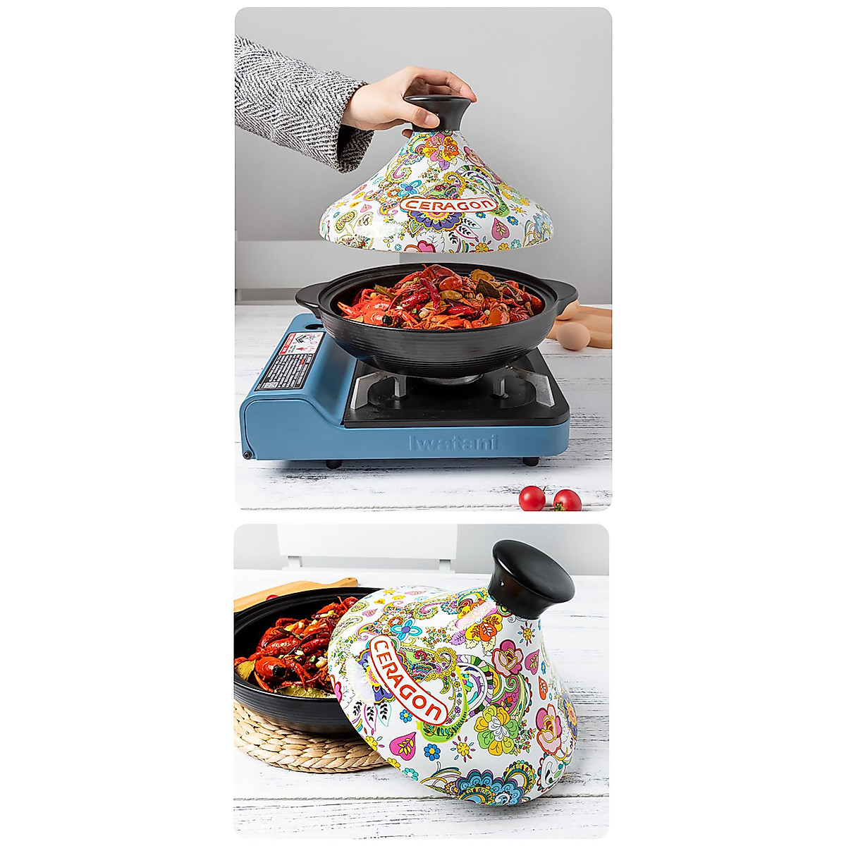 Handmade Clay Stoneware Tajine Flower Pattern Moroccan Tagine Pot Enameled Cast Iron Casserole Non Stick Saucepan Exotic Stew Pot with Lid for Cooking and Stew Casserole Slow Cooker