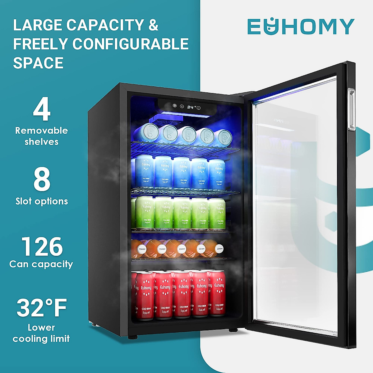 EUHOMY Beverage Refrigerator and Cooler, 126 Can Mini fridge with Glass Door, Small Refrigerator with Adjustable Shelves & WirthCo 40092 Drip Tray - Black - (22" X 22" X 1.5")
