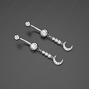 Evil Eye Belly Button Rings Surgical Steel Sexy Moon Dangle Zircon Stainless Steel Cute Dainty Boho Crescent Moon Demon Eye Belly Dangle Button Ring Set Hypoallergenic Body Piercing Jewelry (Silver)