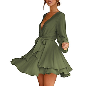 Cosonsen Womens Short Dresses Deep V-Neck Long Sleeve Flare Hem Mini Dress Green XL