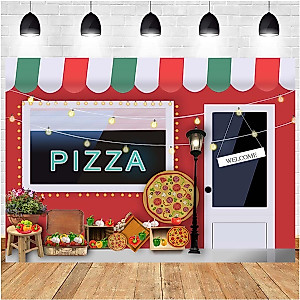 Pizza Shop Photography Background 1st Birthday Pizza Party Decor Backdrop Girls Boys Cooking Theme Birthday Party Background Newborn Baby Shower Cake Table Banner (7X5FT)