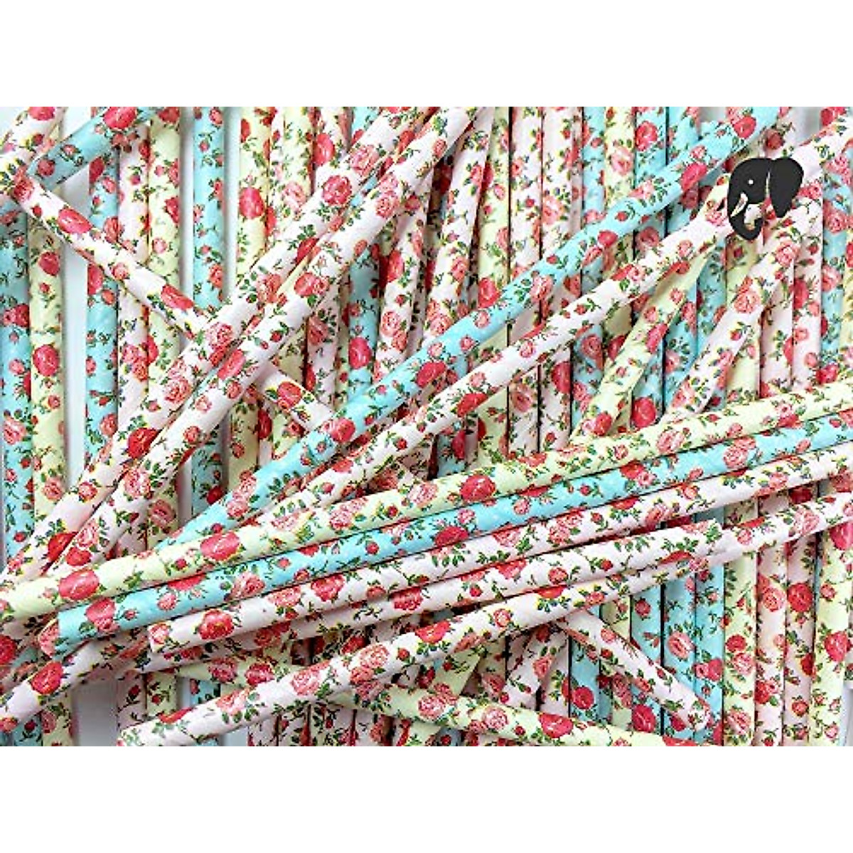 75-Pack Biodegradable Floral Paper Straws - Pink, Blue, Yellow - Vintage Flower & Rose Design - Eco-Friendly Disposable Straws for Parties by JPACO