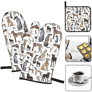 JKKL Greyhounds Wippets and Lurcher Dogs Pattern，3pcs Oven Mitts and Pot Holders for Kitchen,Cooking,Baking,Grilling,BBQ